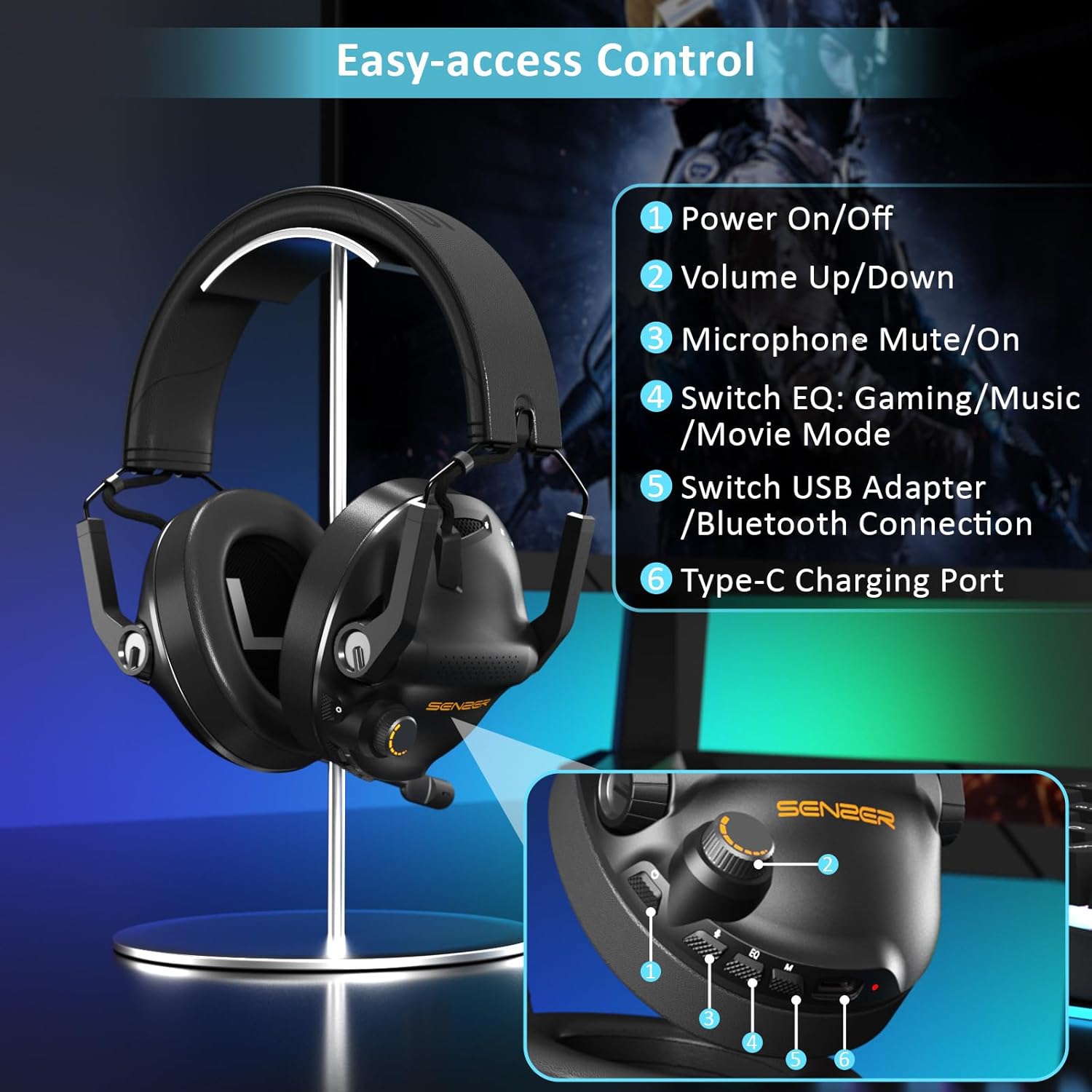 SENZER SG600 Pro Wireless Gaming Headset with Microphone - 7.1 Surroun ...