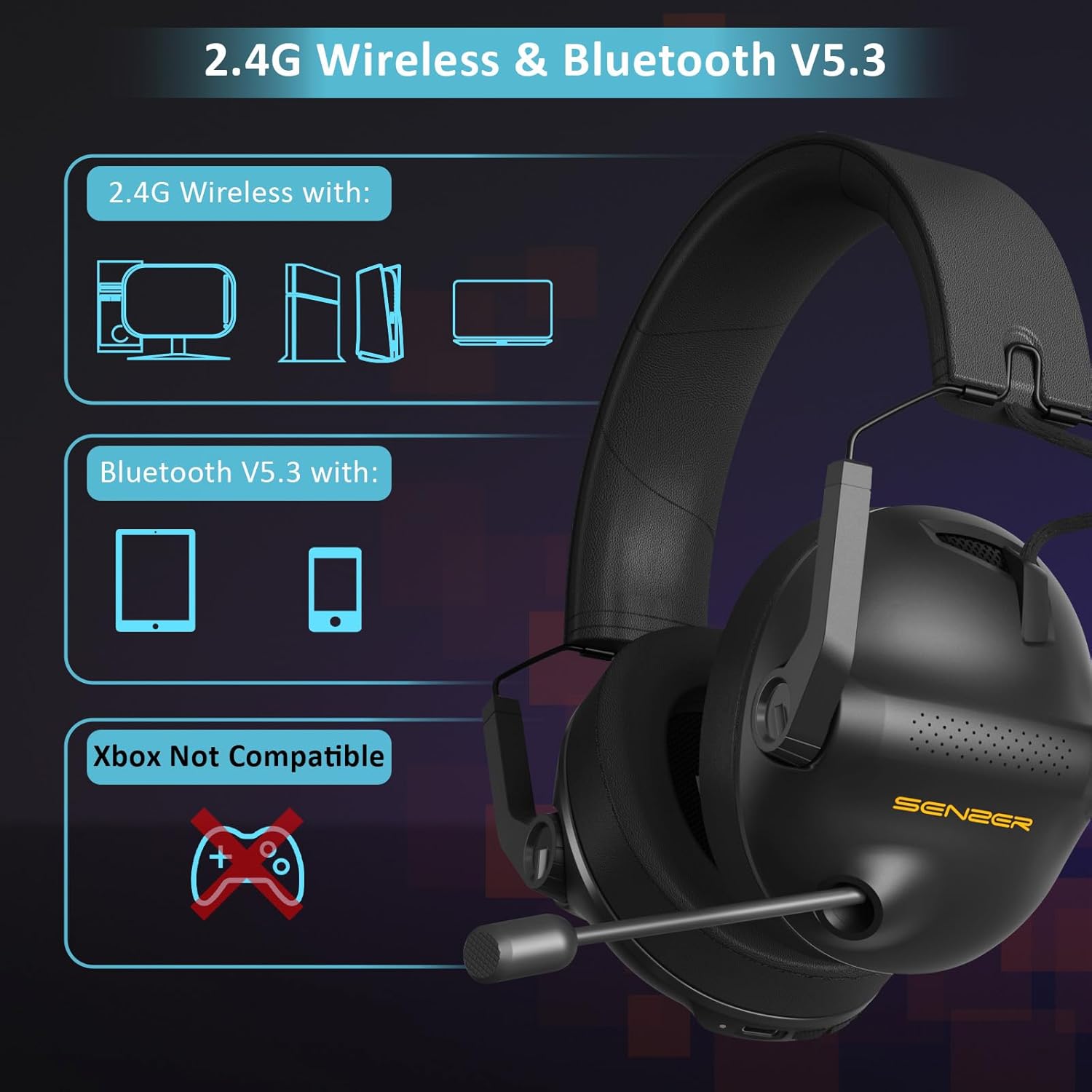 SENZER SG600 Pro Wireless Gaming Headset with Microphone - 7.1 Surroun ...